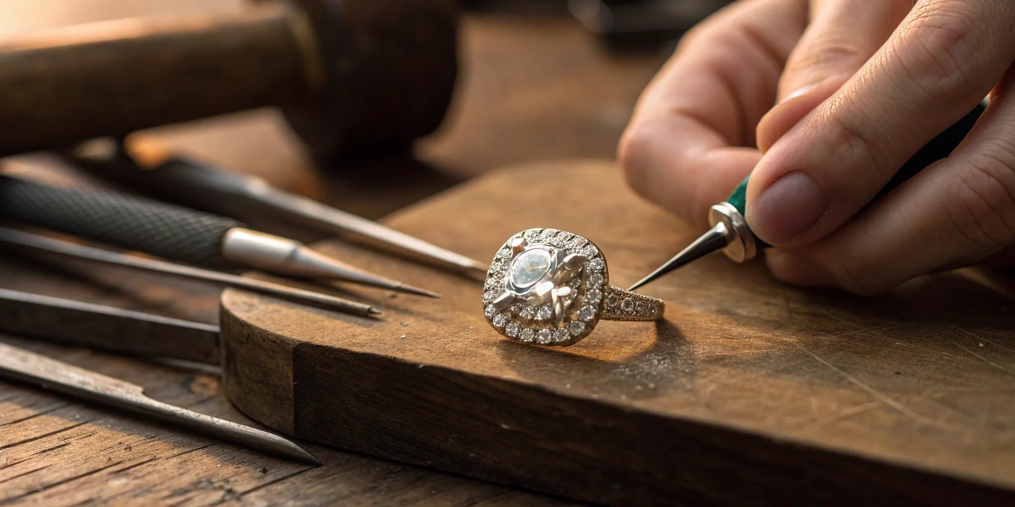 Jeweler at a workbench crafting a bespoke diamond engagement ring.